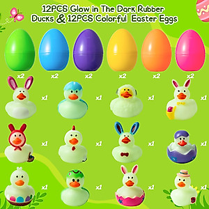 Haooryx 24PCS Easter Colorful Eggs Filled with Rubber Duckies Plastic Egg Prefilled with Glow in The Dark Bunny Duckies Bathtub Toys for Kid Easter Basket Stuffing Classroom Prize Party Favors