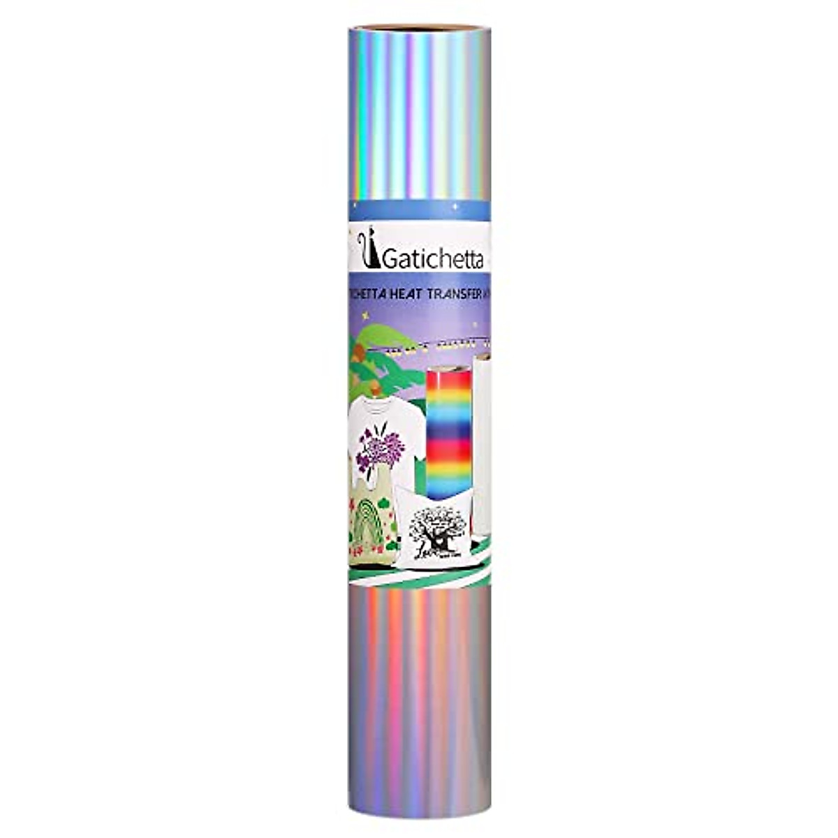 Gatichetta Metallic Heat Transfer Vinyl Roll, Holographic Silver Iron On 12" X 15ft Foil HTV Vinyl for Garments T-Shirts