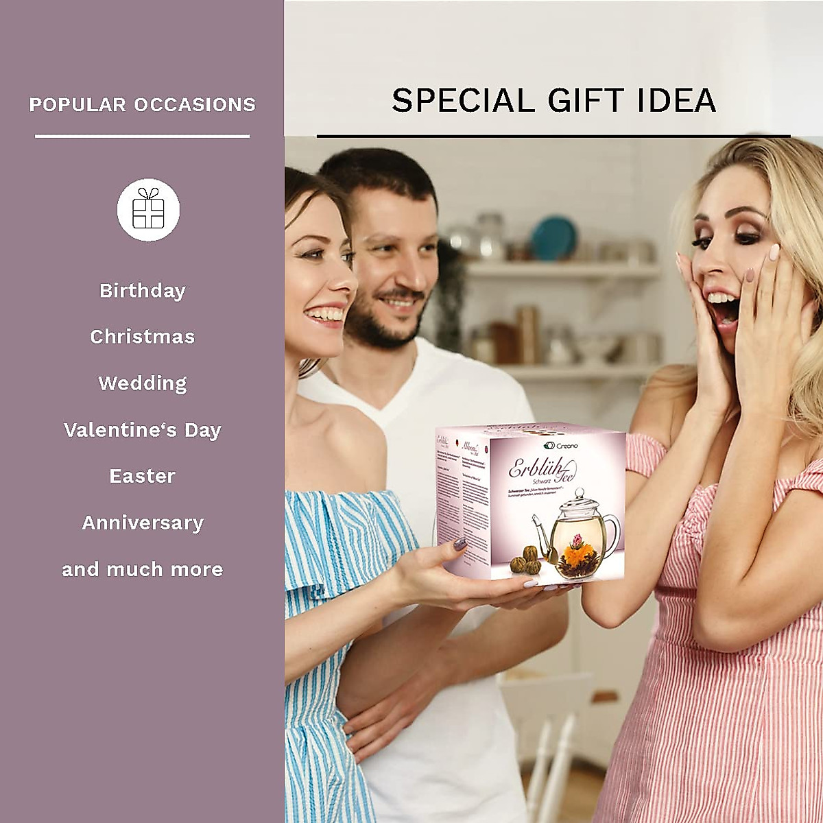 Creano Flowering Tea Abloom Tea – Flower Tea Ball Gift set with 17oz Glass Tea Pot | Black tea