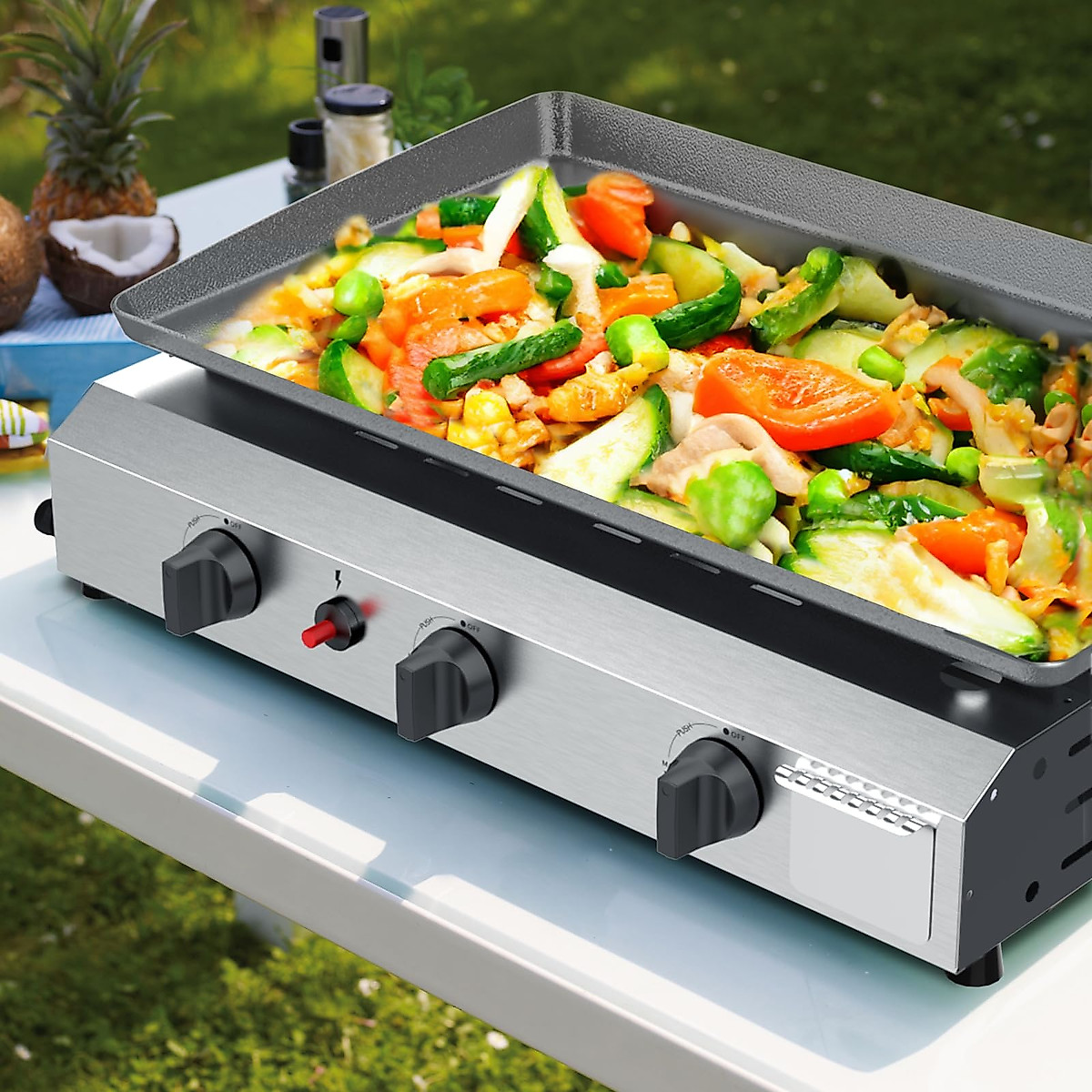 ADREAK 25.6 Inch 3 Burner BBQ Gas Grill Griddle, Stainless Steel Portable Detachable 30,000 BTU Table Top Propane Barbecue Grill for Camping or Tailgating (Upgraded Griddle)