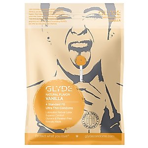 GLYDE Vanilla Flavored Ultra Thin Condoms - 4 Count - Organic Flavor Extract, Ultra-Thin, Vegan, Non-Toxic, Medium Size Natural Rubber Latex, 53mm Standard Fit