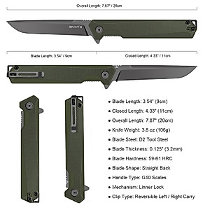 EMHiii Flipper Pocket Folding Knife: 3.54" D2 Steel Black Blade, G10 Scales, Slim EDC Knives with Reversible Deep Clip for Men and Women，Green