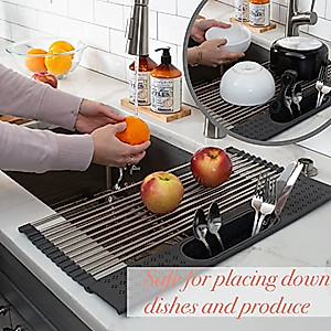 Kitchen Details Over The Sink Drying Rack with Utensil Holder | Roll Up for Storage | Stainless Steel | Drain Tray | BPA Free | Food Safe | Space Saving | Grey