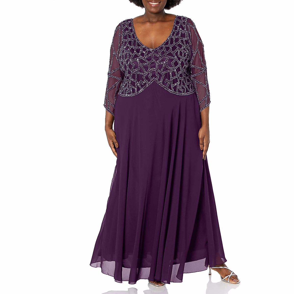 J Kara Women's Plus Size 3/4 Sleeve Geo Beaded Gown, Plum/Mercury/Silver, 18W
