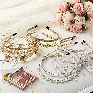 Juinte 12 Pcs Pearls Headband Rhinestones Hairbands Faux Pearl White Bridal Headband Gold Alloy Flower Head Band Metallic Butterfly Hair Hoop Headband Wedding Hair Accessories for Women, 12 Styles