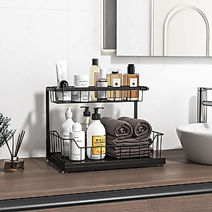 Hounyoln Under Sink Organizer and Storage,2-Tier Metals Kitchen Cabinet Organizer Pull-Out Sliding Cabinet Basket Storage Organization,for Kitchen/Bathroom/Laundry Space Saver