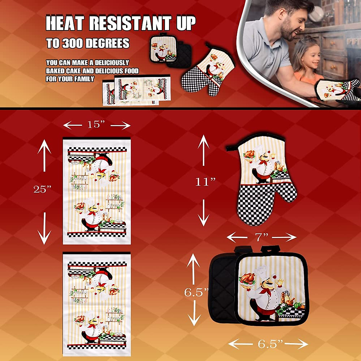 Lobyn Value Pack Kitchen Towel Oven Mitts and Pot Holders Sets, Pot Holders and Oven Mitts Sets, Kitchen Mittens and Pot Holder Set, Potholder Set, Mittens Kitchen Chef Design