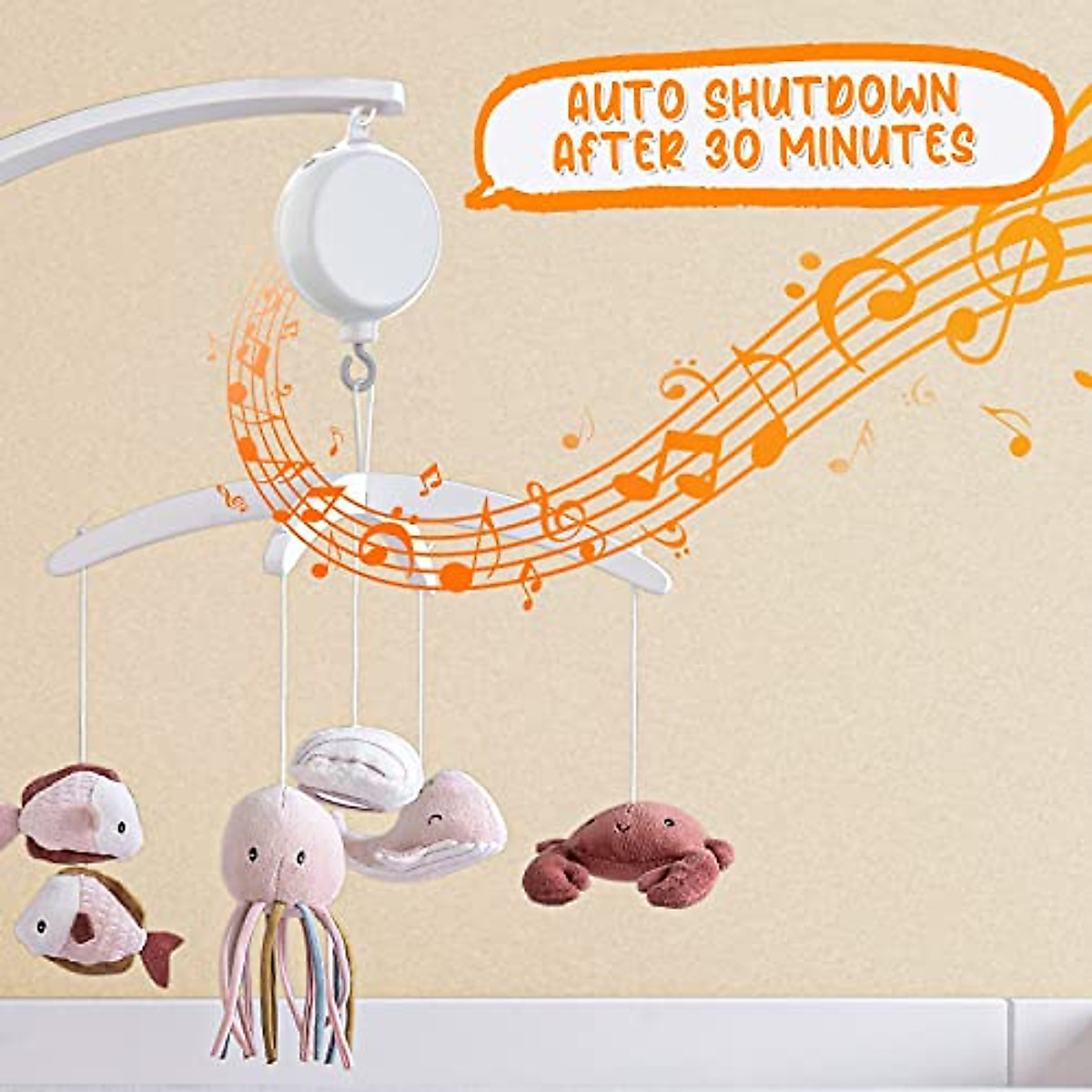 FEISIKE Crib Mobile Motor, Baby Music Box Spinner with 3 Modes（Turn & Music,Turn Only, Music Only) Volume Control,12 Lullabies,Portable Sound Machine,Auto-Off 30 Minutes, Battery Operated