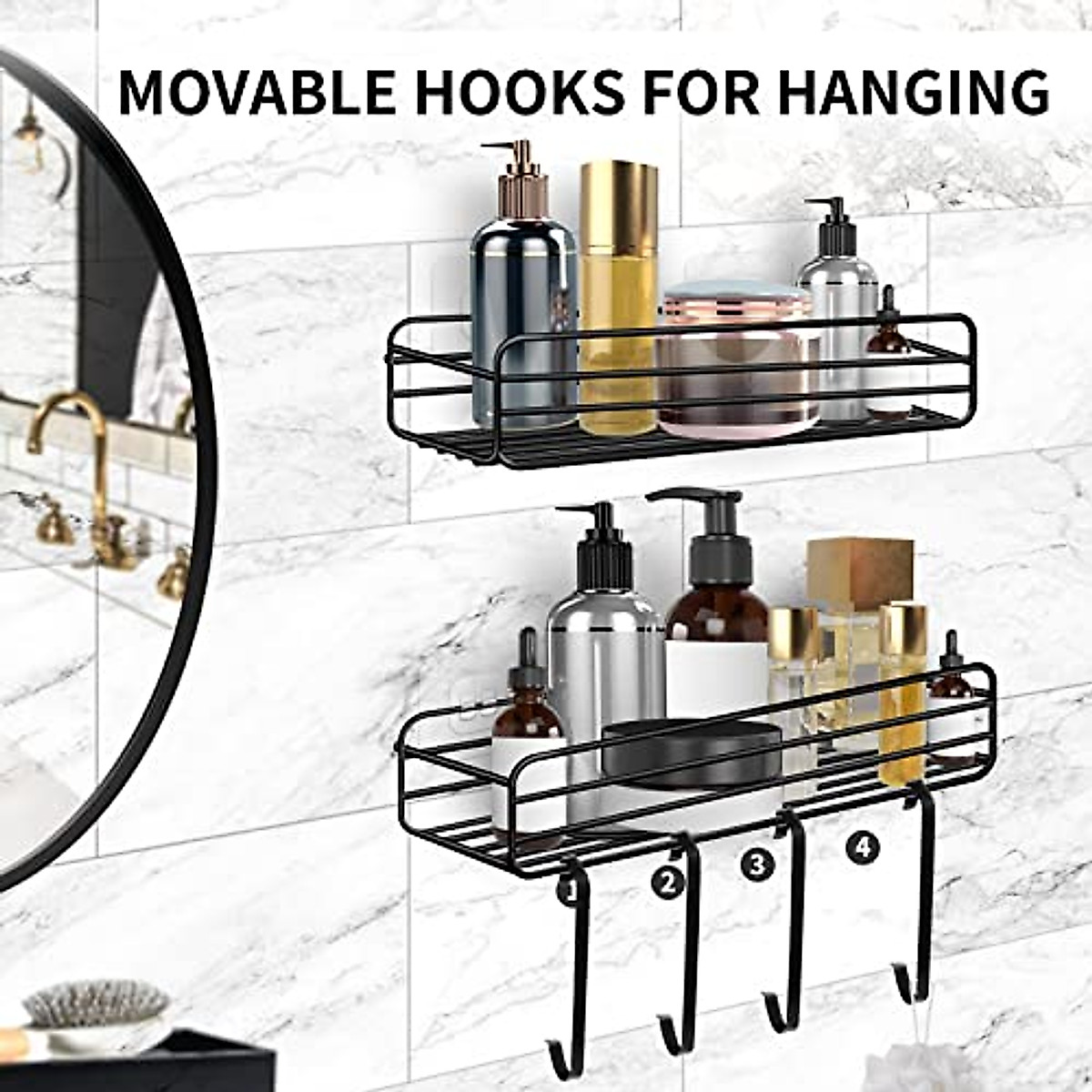 Go Green Tableware GOGN Adhesive Shower Caddy Shelf with 4 Hooks, No Drilling Bathroom Organizer Storage Rack for Restroom, Kitchen- 2 Pack (Black)