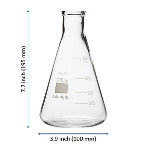 Labnique Borosilicate 3.3 Glass Conical Flask, Erlenmeyer Flask with Narrow Mouth, Graduated, Double Boxed, 500ml (Pack of 8)