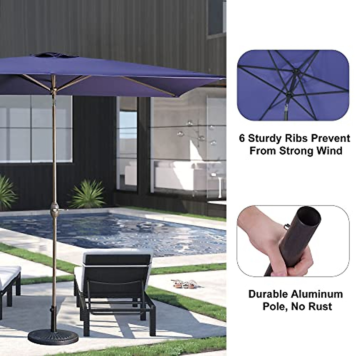 Aok Garden 6.5x10 ft Rectangular Patio Umbrella Outdoor Market Table Umbrella Aluminum Pole with Tilt and Crank 6 Sturdy Ribs for Deck Lawn Pool, Navy Blue