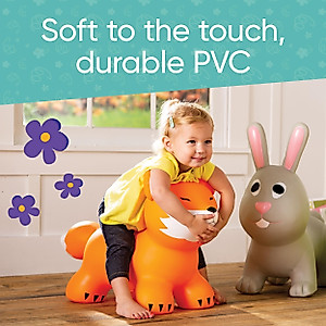 Hearthsong Bouncy Inflatable Animal Jump-Along, 28”L x 13.5”W x 17.5”H, Hand Pump Included, 150 lbs., Ages 12 Months and Up, Fox