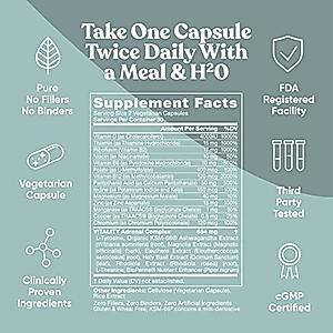 Eu Natural Vitality Adrenal Support, Cortisol Manager, Fatigue Fighter – Healthy Cortisol, Focused Energy – Ashwagandha, Magnesium, L-Tyrosine – 60 Vegetarian Soft Capsules