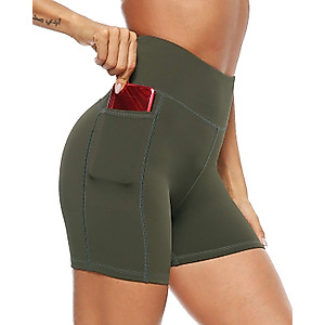 AFITNE Yoga Shorts for Women with Pockets High Waisted Workout Athletic Running Shorts Biker Spandex Gym Fitness Tights Leggings Army Green - L