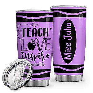 Wassmin Personalized Teach Love Inspire Teacher Life Tumbler Cup With Lid Double Wall Vacuum Insulated Stainless Steel Tumblers 20oz 30oz Travel Mug Birthday Christmas Gifts Custom Name (Purple)