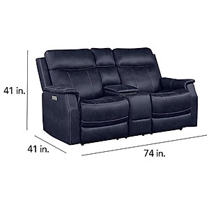 Steve Silver Co Ocean Blue Leatherette Console Loveseat with Power Headrest, Footrest, Hidden Storage, and USB Port Love Seats, 74 x 41 x 41
