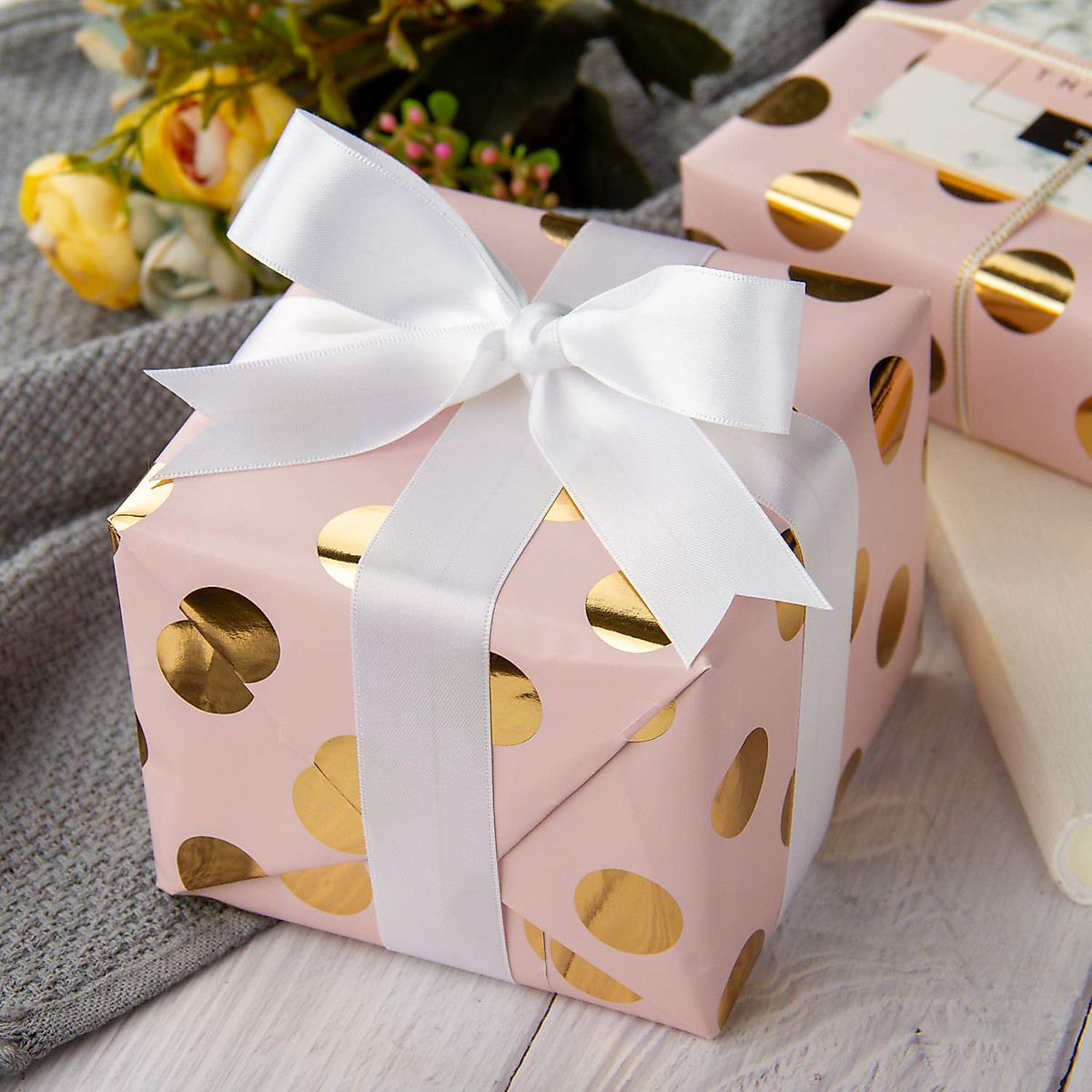 RUSPEPA Wrapping Paper Roll - Gold Foil Dots Baby Pink Background Design for Wedding, Birthday, Shower, Congrats, and Holiday - 30 inches x 32.8 feet