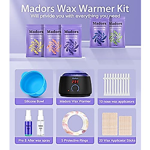 Madors Waxing Kit with LCD Digital Display Temperature Control, Wax Warmer with 5 Pack (3.5 oz. each) Hard Wax Beads for Full Body