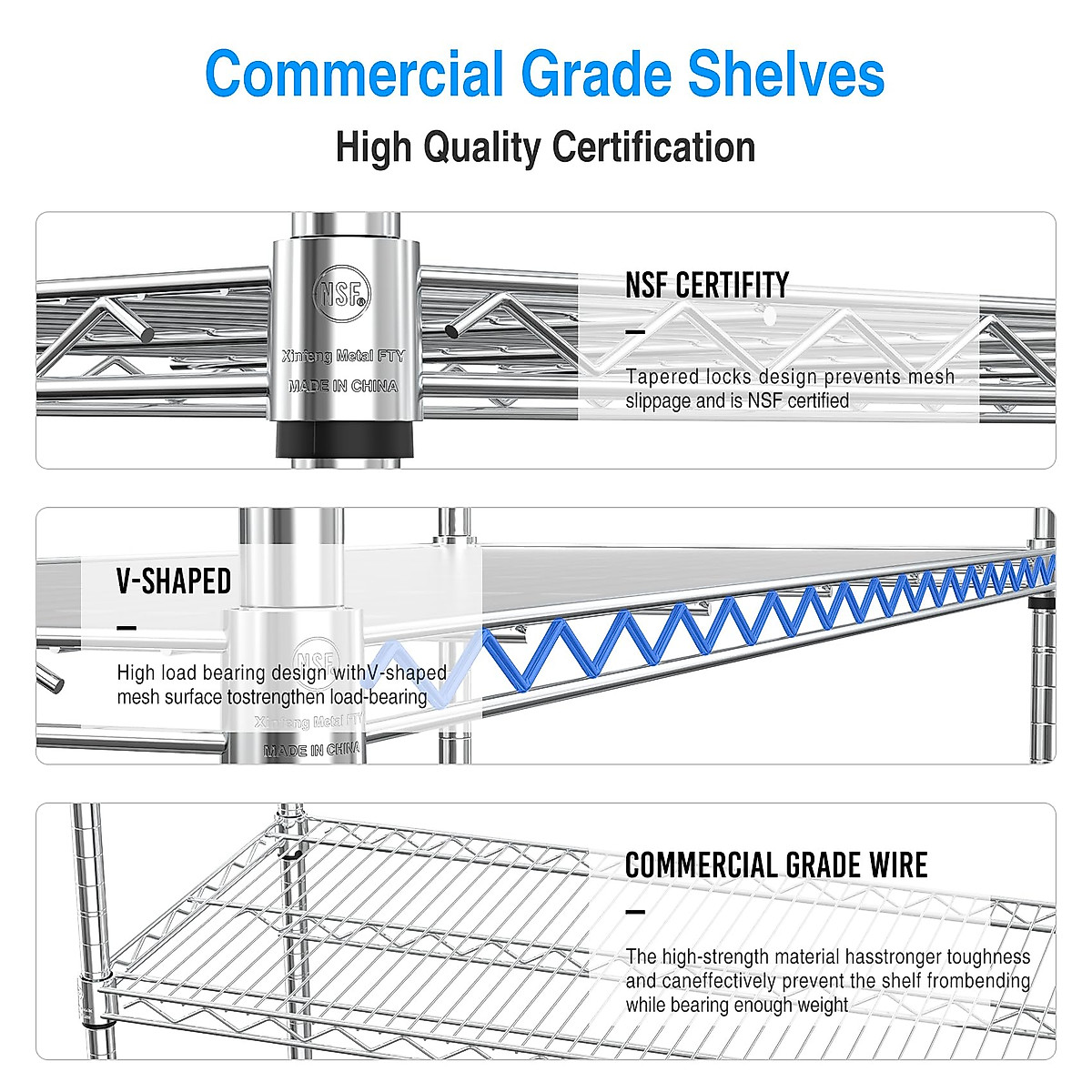 NSF Heavy Duty 6-Tier Metal Wire Shelving Unit - 6000lbs Capacity, Adjustable, with 5in Wheels/Leveling Feet and Shelf Liners - Ideal for Garage, Kitchen, and More - Chrome, 18"D x 60"L x 87.5"H