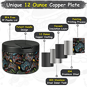 Pawtong 12oz Insulated Vacuum Food Jar with Buckle Lid Wide Mouth Soup Thermo for Hot Food Kids Leakproof Stainless Steel Lunch Container (Black-Game)