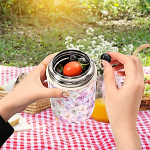 Inflorescence Hydrangea Randomly Arranged Kids Womens Insulated Food Jar Container with Spoon 17oz/500ml Kids Lunch Box Stainless Steel Vacuum Leak Proof Insulated Jar for Keep Food Hot
