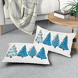 Blue Christmas Tree Lumbar Throw Pillow Covers 12X20 In Set of 2 Xmas Tree Lights Stars Decorative Rectangle Pillow Cases Winter Holiday Pillow Cover Farmhouse Home Decor For Living Room Sofa Couch