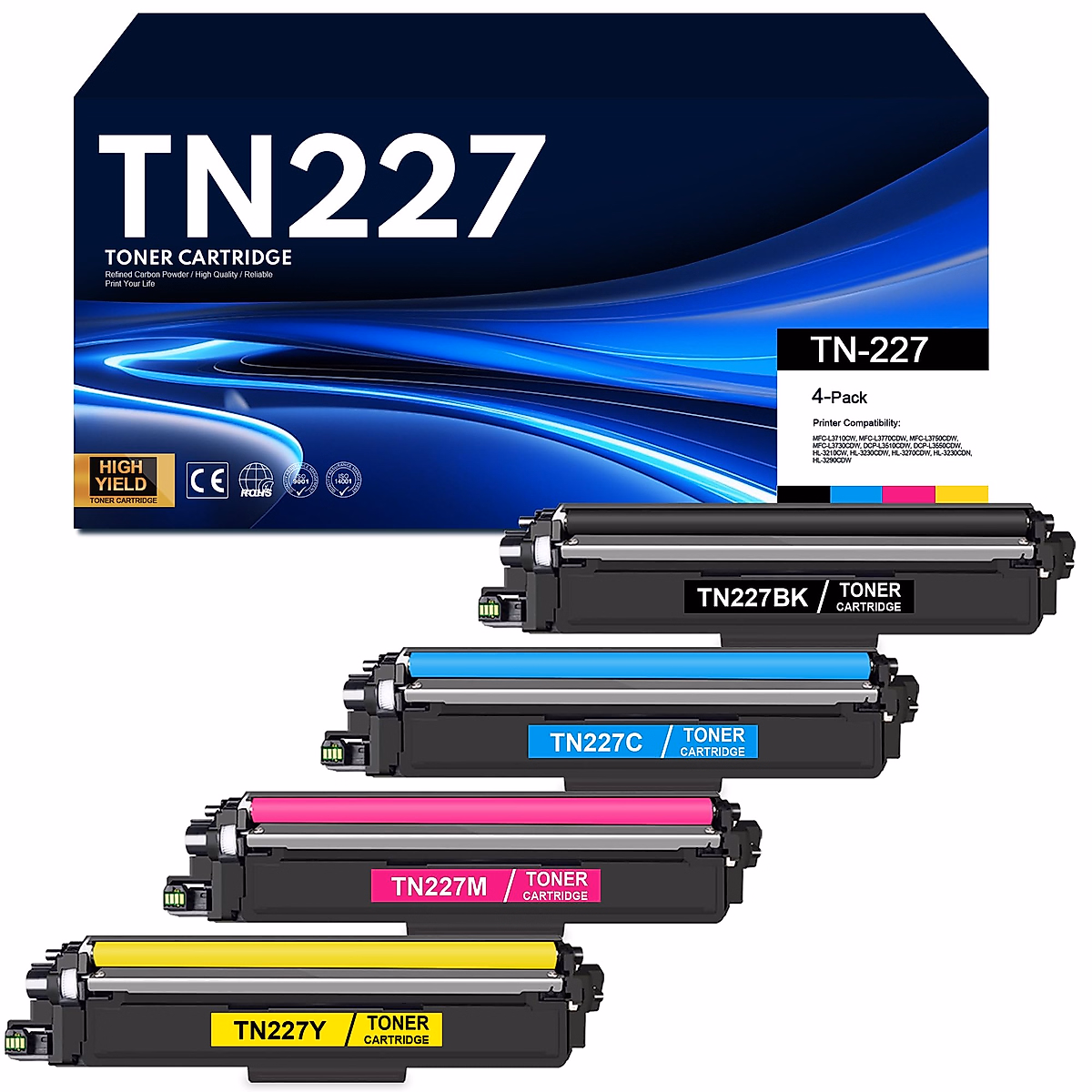 TN227 TN 227 4-Pack Toner Cartridge: Replacement for Brother TN227BK TN227C TN227M TN227Y Toner Use with MFC-L3710CW MFC-L3770CDW MFC-L3730CDW HL-3230CDW Printer Toner (Black Cyan Magenta Yellow)