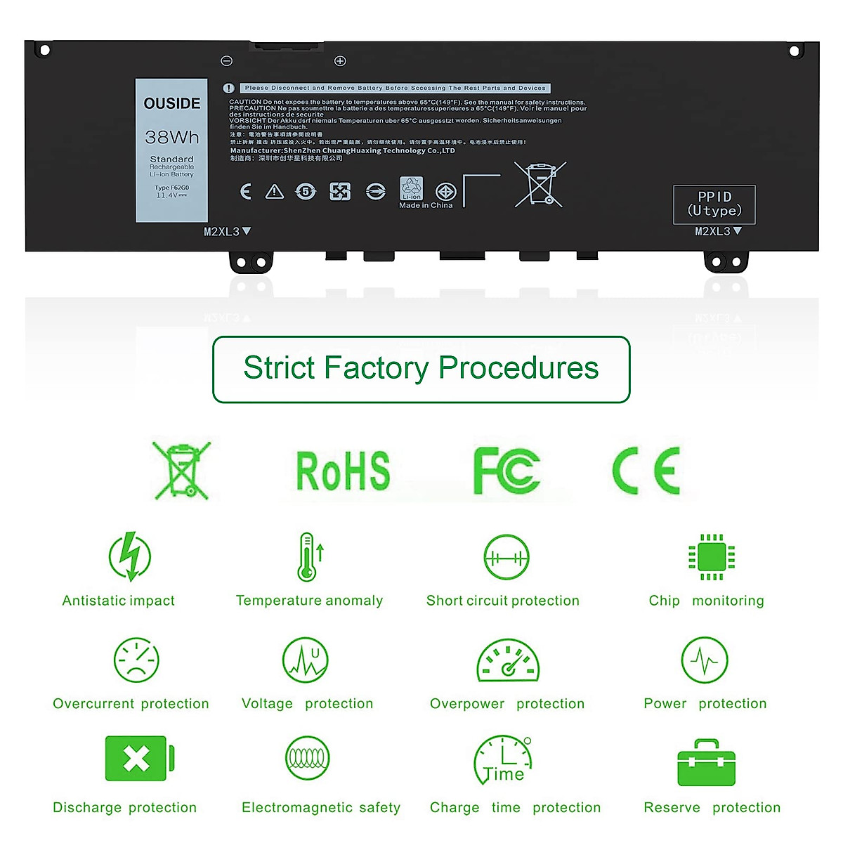 OUSIDE 38WH 39DY5 F62G0 Laptop Battery for Dell Inspiron 13 7000 5370 7370 7373 7380 7386 2-in-1 P83G002 P87G001 Vostro 13-5370-D1505G Series Notebook 0F62G0 RPJC3 39DY5 RPJC3 0RPJC3 11.4V