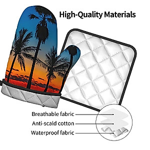 Sunset Beach Palm Tree Oven Mitts and Pot Holders Sets of 2, Non-Slip Cooking Hot Pads Washable Heat Resistant for Kitchen Microwave BBQ Baking Grilling