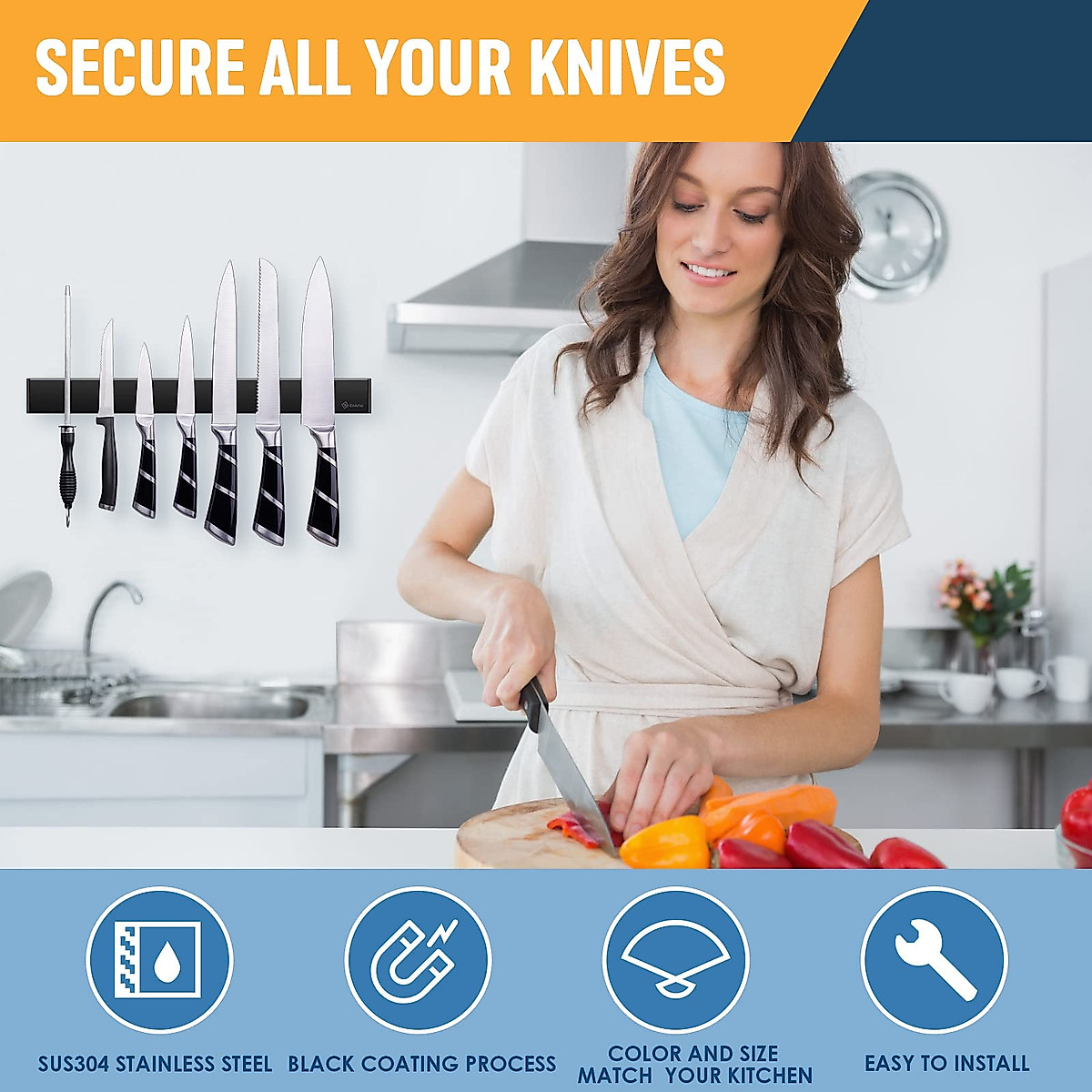 Magnetic Knife Holder for Wall, Enkrio 16 Inch Black Stainless Steel Knife Magnetic Strip No Drilling, Kitchen Magnet Knife Holder Strip Knife Rack Knife Bar