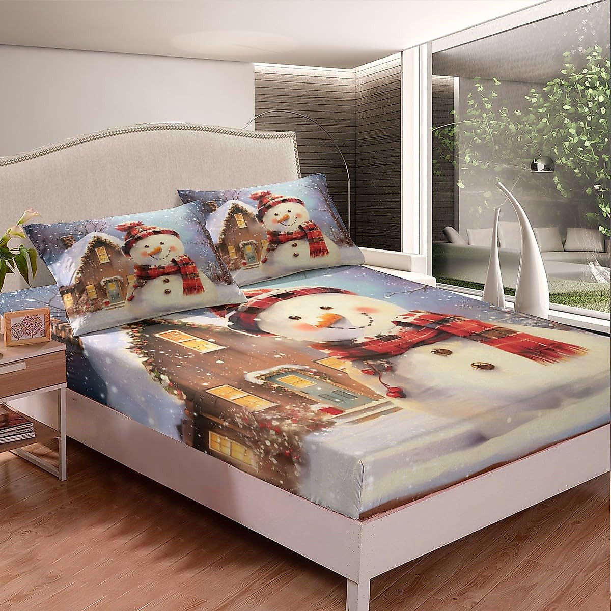 Feelyou Kids Snowman Fitted Sheet Twin Size Merry Christmas Bedding Set for Boys Girls Snowflake Winter Theme Bed Sheet Set Happy New Year Bed Cover Deep Pocket