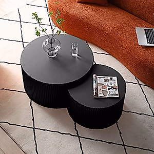 kevinplus Black Modern Nesting Coffee Table Set of 2 Round Side Table End Table for Living Room, Wood Circle Drum Coffee Table Contemporary Living Room End Table, Matte Black