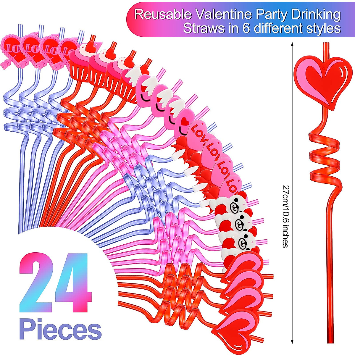 24 Pieces Valentine's Day Heart Shaped Straws Reusable Crazy Loop Straws Valentine Theme Party Plastic Drinking Straws for Valentine's Day Birthday Wedding Party Favors Decorations Supplies, 6 Styles