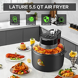 LATURE 5.5 QT Air Fryer Timer & Temperature Controls, with Glass Lid, Dishwasher Safe and Non-stick Basket, 1300W, Oil-Less Healthy Cooker MET Certified with Recipes (Black-Glass Lid)