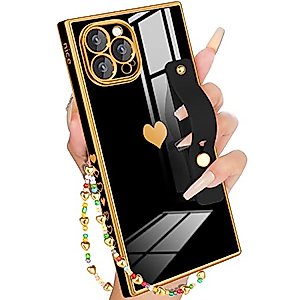 Petitian for iPhone 13 Pro Max Square Case with Loopy Stand/Strap, Luxury Cute Women Girls Heart Electroplated Designer Squared Edge Phone Cases for 13 Pro Max Black