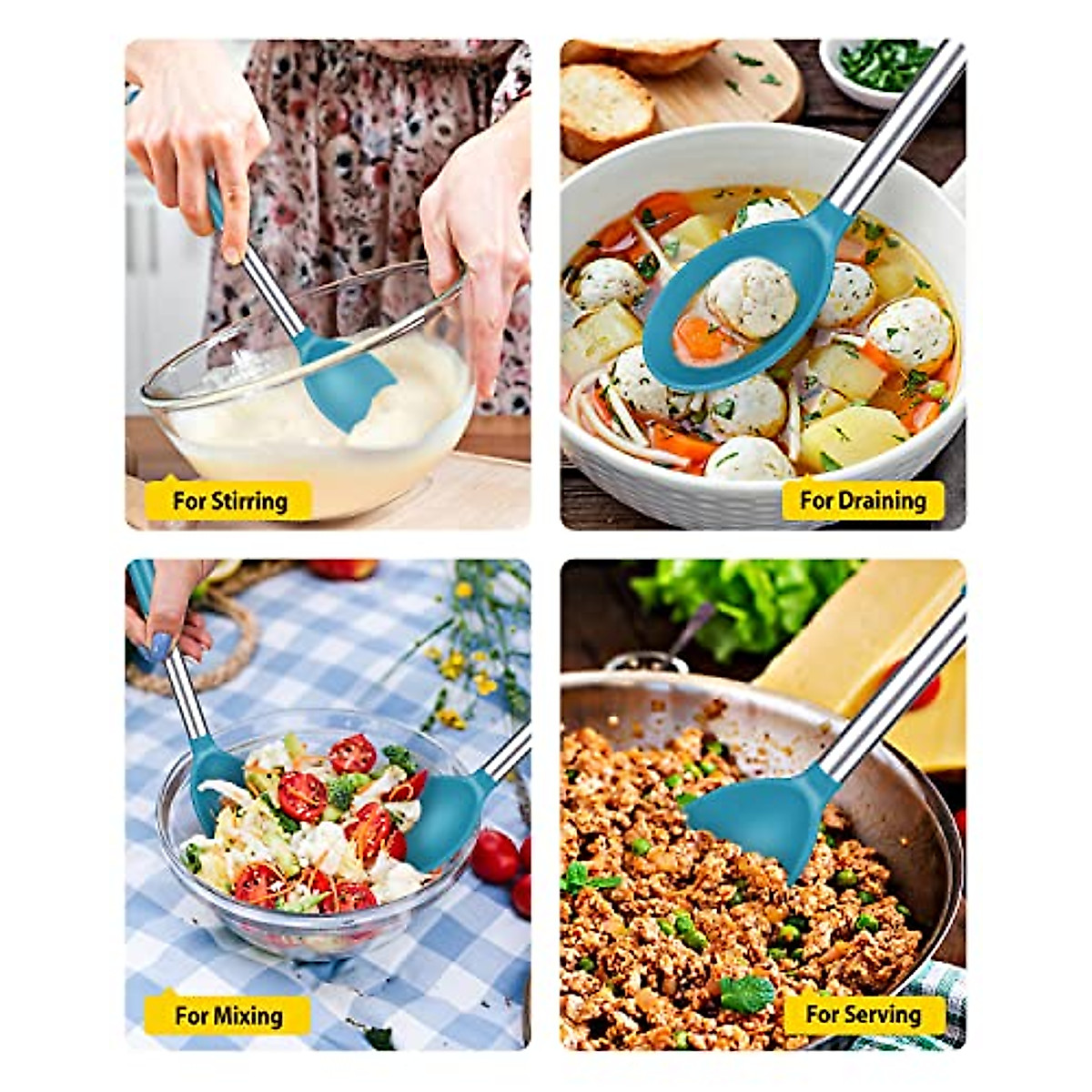 Pack of 2 Large Silicone Cooking Spoons,Non Stick Solid Basting Spoon,Heat-Resistant Kitchen Utensils for Mixing,Serving,Draining,Stirring (BLUE)