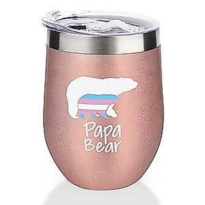Mighun Papa Bear Bisexual Lesbian Wine Tumbler with Lid, Pansexual Bisexual LGBTQ Vacuum Coffee Tumbler, Gay Pride Stemless Insulated Wine Glasses Cup for Champaign, Cocktail, Beer