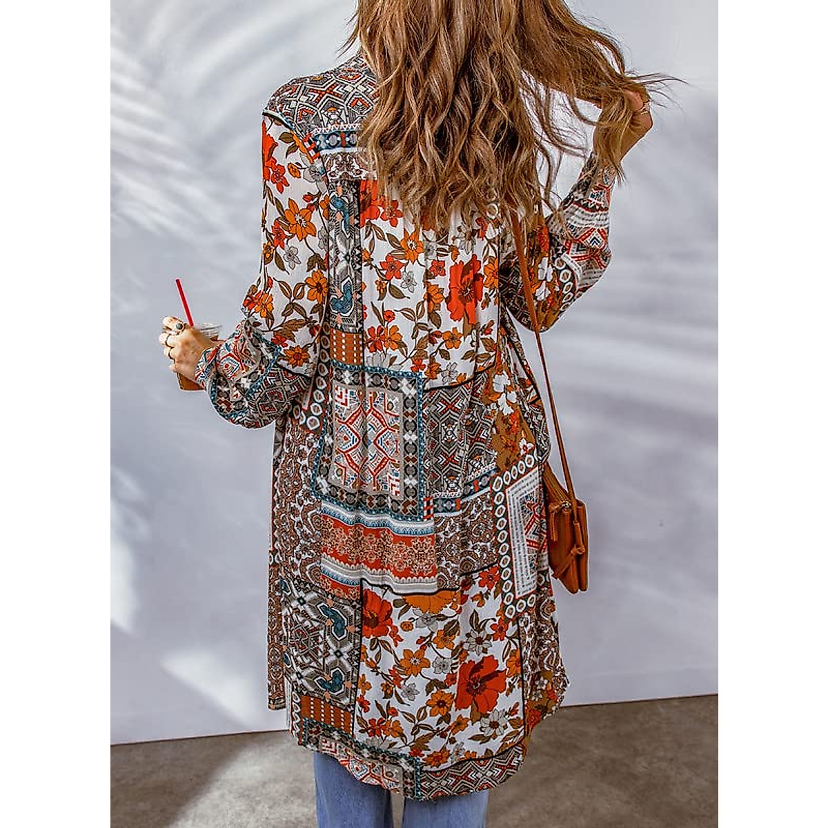 Dokotoo Womens Summer Spring Beach Boho Long Sleeve Cardigans Button-Down Bohemian Fashion Geometric Floral Kimonos for Women Brown XX-Large