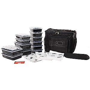 Isolator Fitness 6 Meal ISOCUBE Meal Prep Management Insulated Lunch Bag Cooler with 12 Stackable Meal Prep Containers, 3 ISOBRICKS, and Shoulder Strap - MADE IN USA (Blackout)