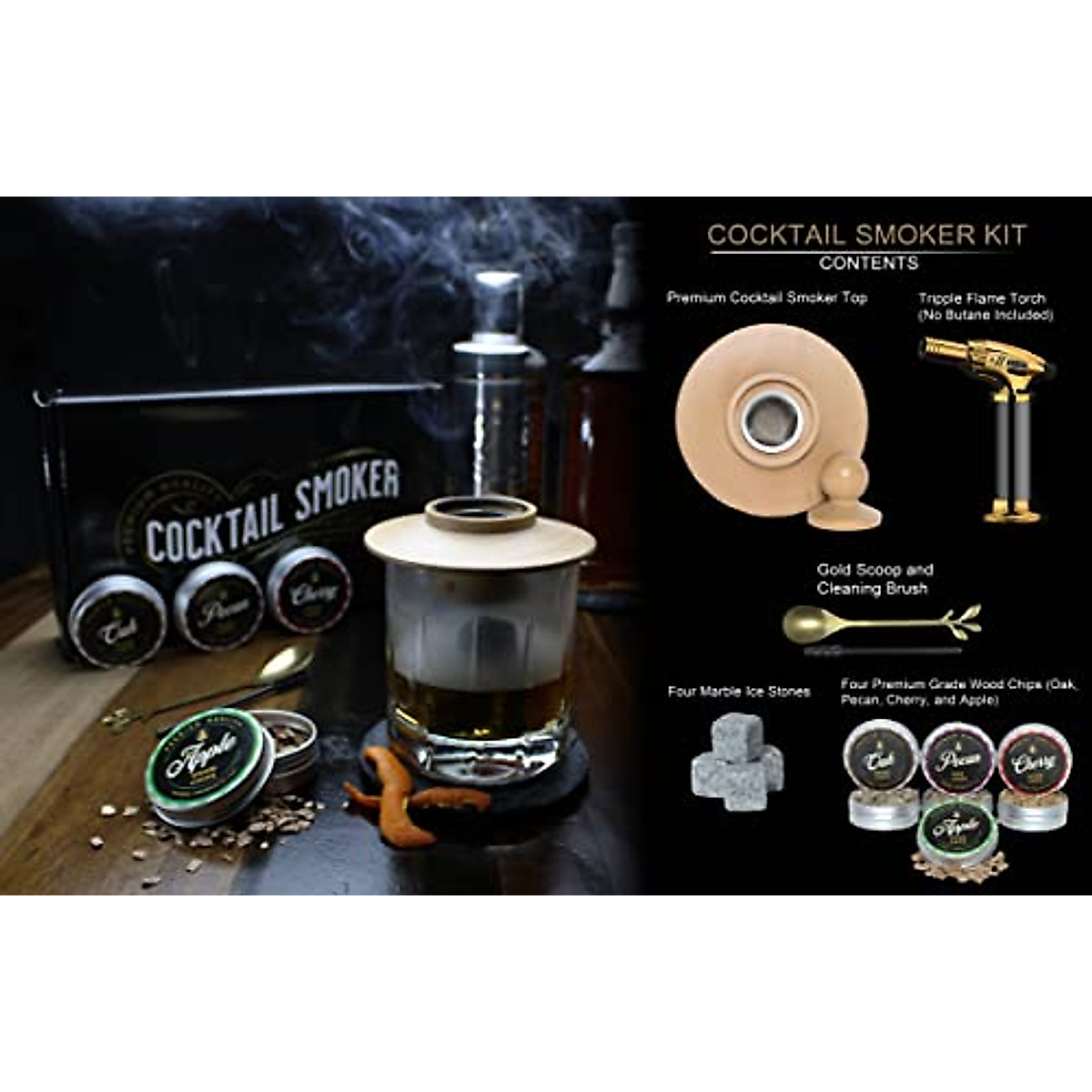 Cocktail Smoker Kit | Old Fashioned, Whiskey, Bourbon Cocktail Smoker Kit with Torch, Ice Stones, and Four Flavors of Wood Chips | Gift for Birthdays/Father's Day/Christmas. (No Butane)