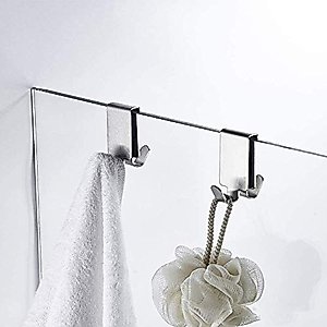 MOKIUER Double Hooks for Glass Shower Door, Towel Hooks Over The Bathroom Glass Wall 0.31-0.39in, Stainless Steel, Brushed,2 Pack.
