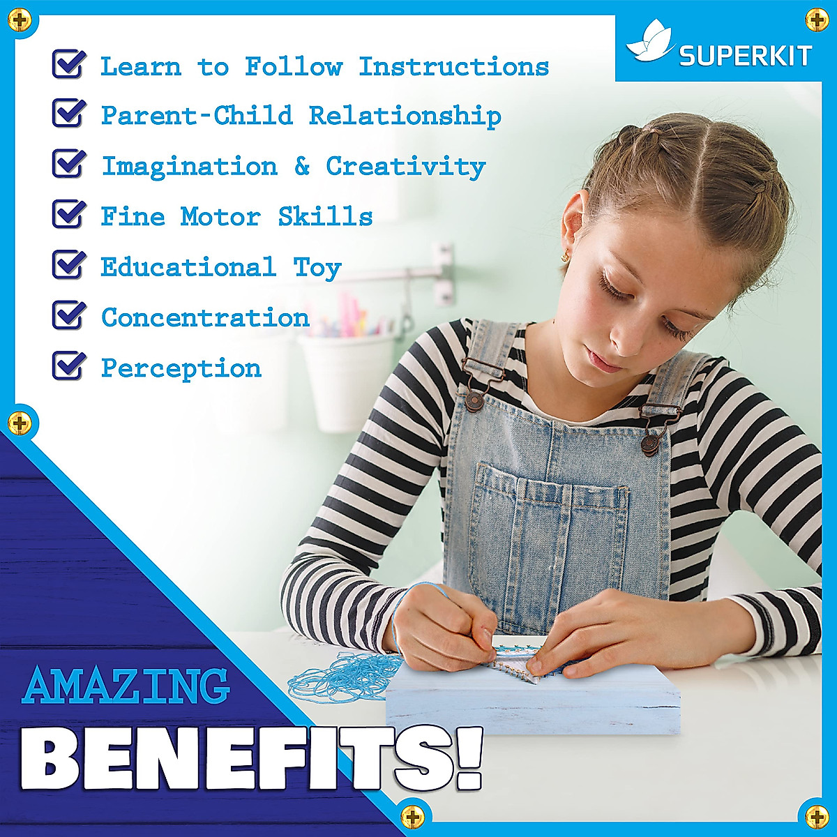 Superkit Boat String Art Kit: Complete 3D Wood DIY Art Craft Set, Marked Holes, 3 Colored Skeins, Screws, Screwdriver, Paints, Foam Brush, Ages 7+