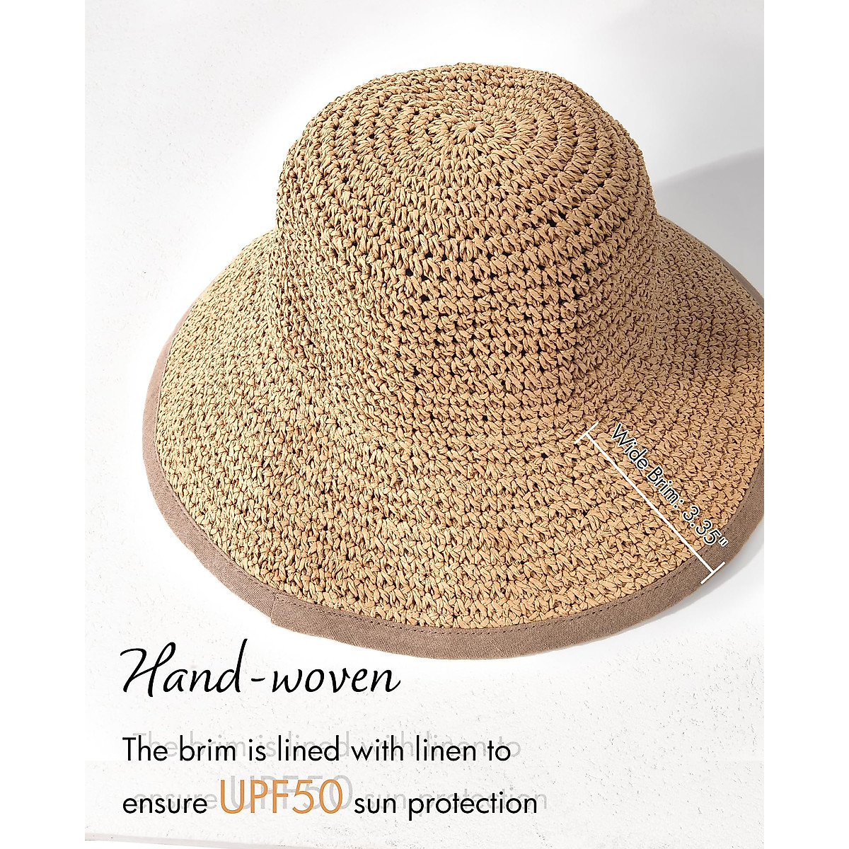 FURTALK Sun Hats for Women Summer Beach Hat Wide Brim Handmade Straw Hat Foldable Packable UPF 50 Crochet Travel Bucket Hat Khaki