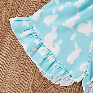 Flashing boy One-Piece Toddler Kid Baby Girl Easter Outfit Bowknot Strap Romper Ruffle Bunny Print Jumpsuit Headband (Blue-Rabbit, 3-4 Years)