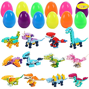 CUTE STONE 12 Pack Filled Easter Eggs with Dinosaur Building Blocks Sets, Easter Basket Stuffers Easter Party Favors for Boy, Girls and Kids