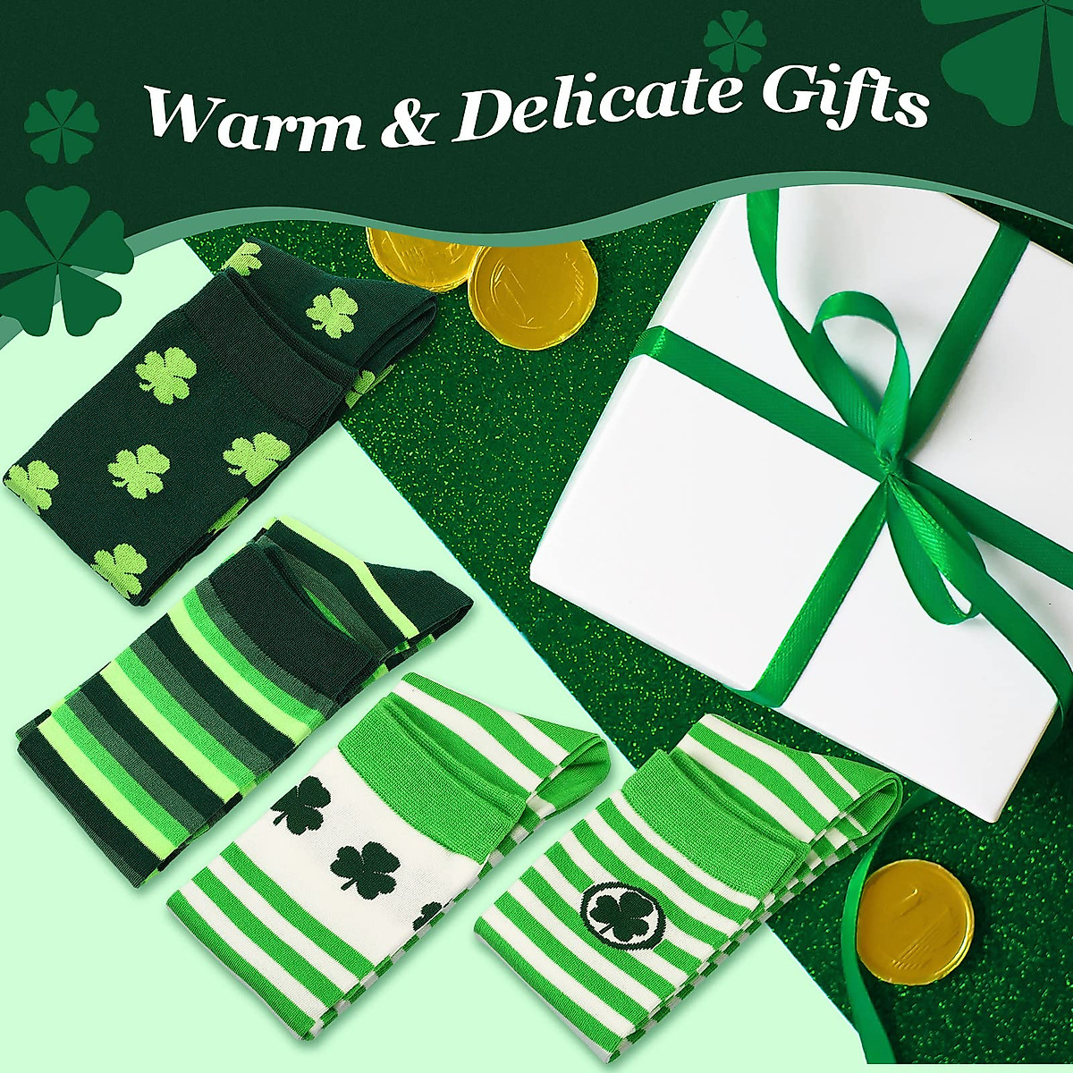 JaGely St. Patrick Day Sock 4 Pairs Green Striped Socks Shamrock Athletic Running Knee Thigh High Stockings Long Tube Socks for Women