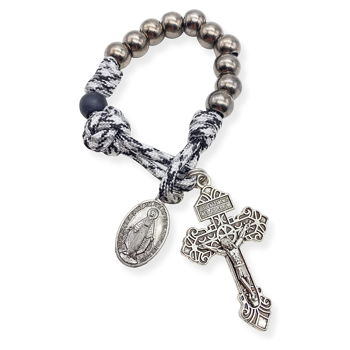 Nazareth Store One Decade Black & White Paracord Rosary Dark Silver Beads Pocket Car Rosary Protection Miraculous Medal & Jesus Crucifix