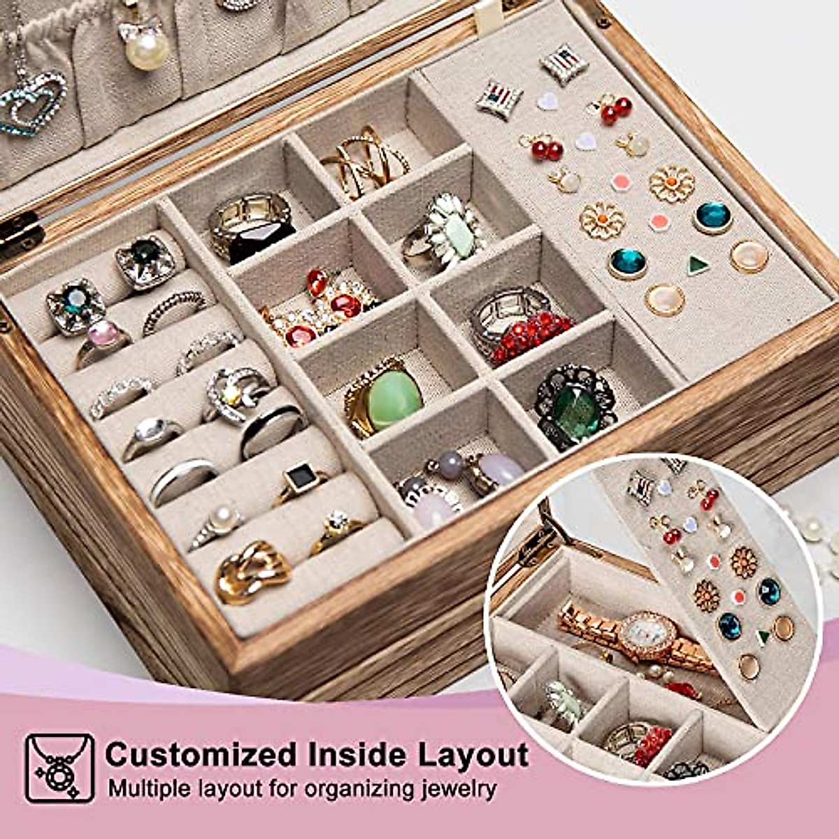 Pinzoveco Jewelry Box for Women, Rustic Wooden Jewelry Organizer Box for Storage Earrings Rings Necklace Bracelet, Farmhouse Style Wood Jewelry Boxes & Organizers (Torched Wood Color)