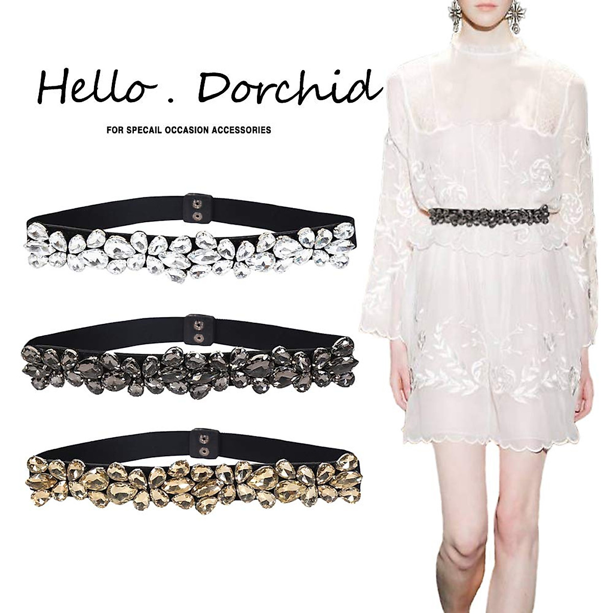 Dorchid Women Rhinestone Belt Crystal Sparkly Elastic Thin Belts for dressy Lady Black L