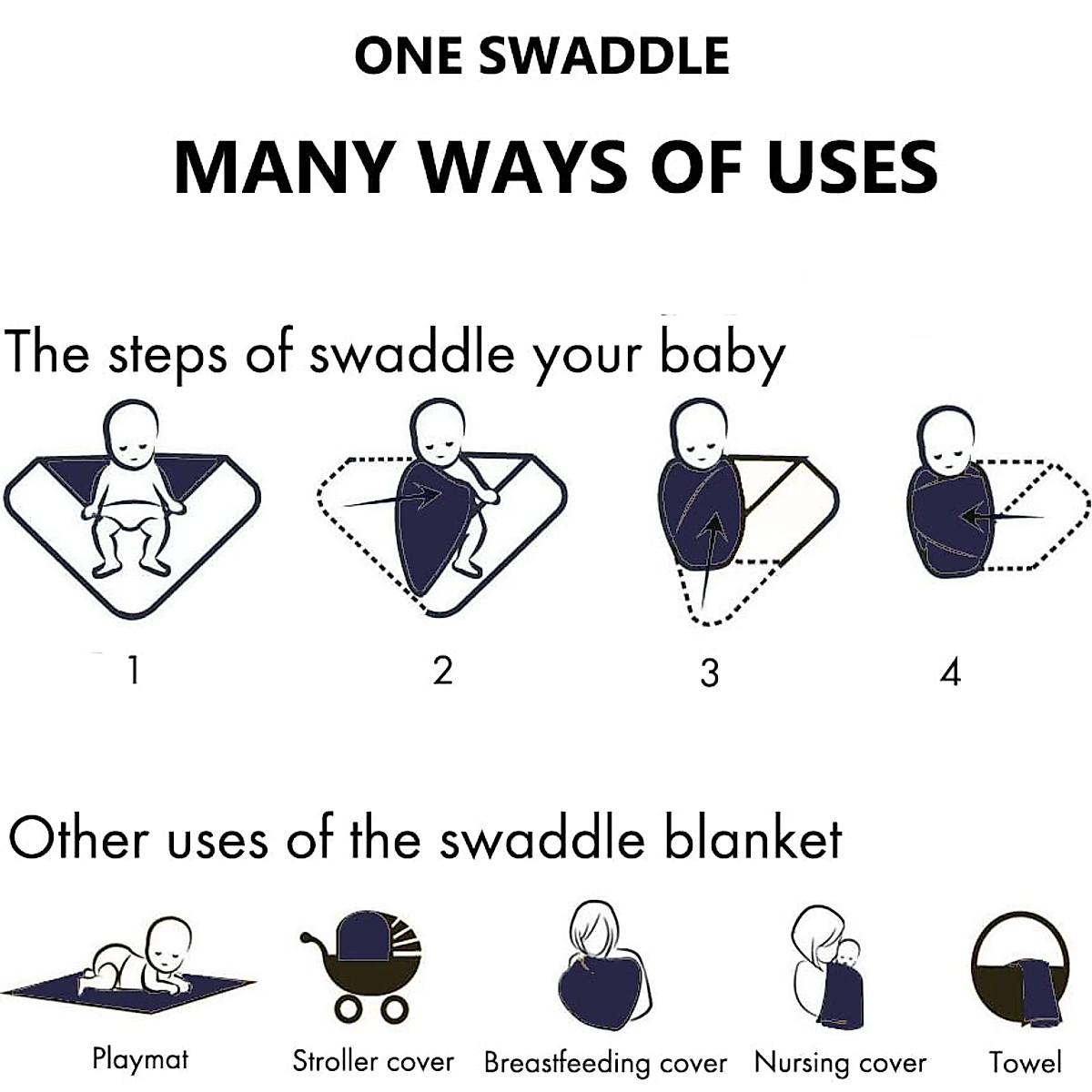 Bayceen Large Jersey Knitted Swaddle Blanket for Baby, Soft Stretchy Receiving Blanket for Newborns with Hat, Large 47 x 47 inches (Navy)